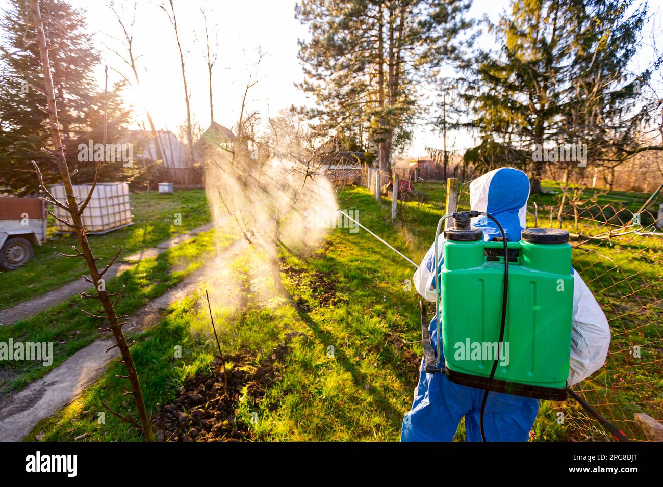 Shot from behind, backlight on farmer with protective clothing sprays ...