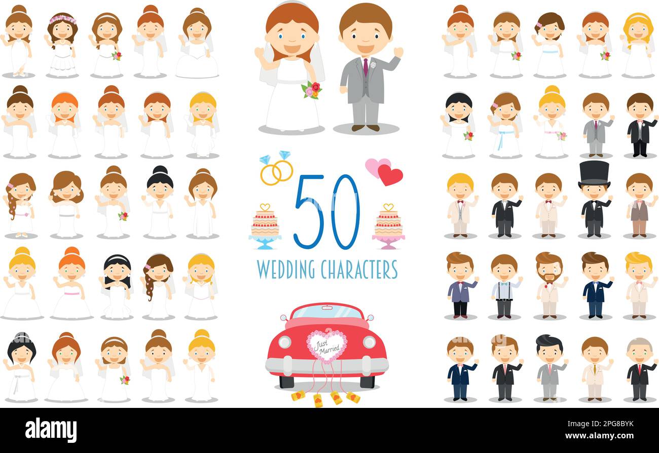 Set of 50 wedding characters and nuptial icons in cartoon style Stock ...