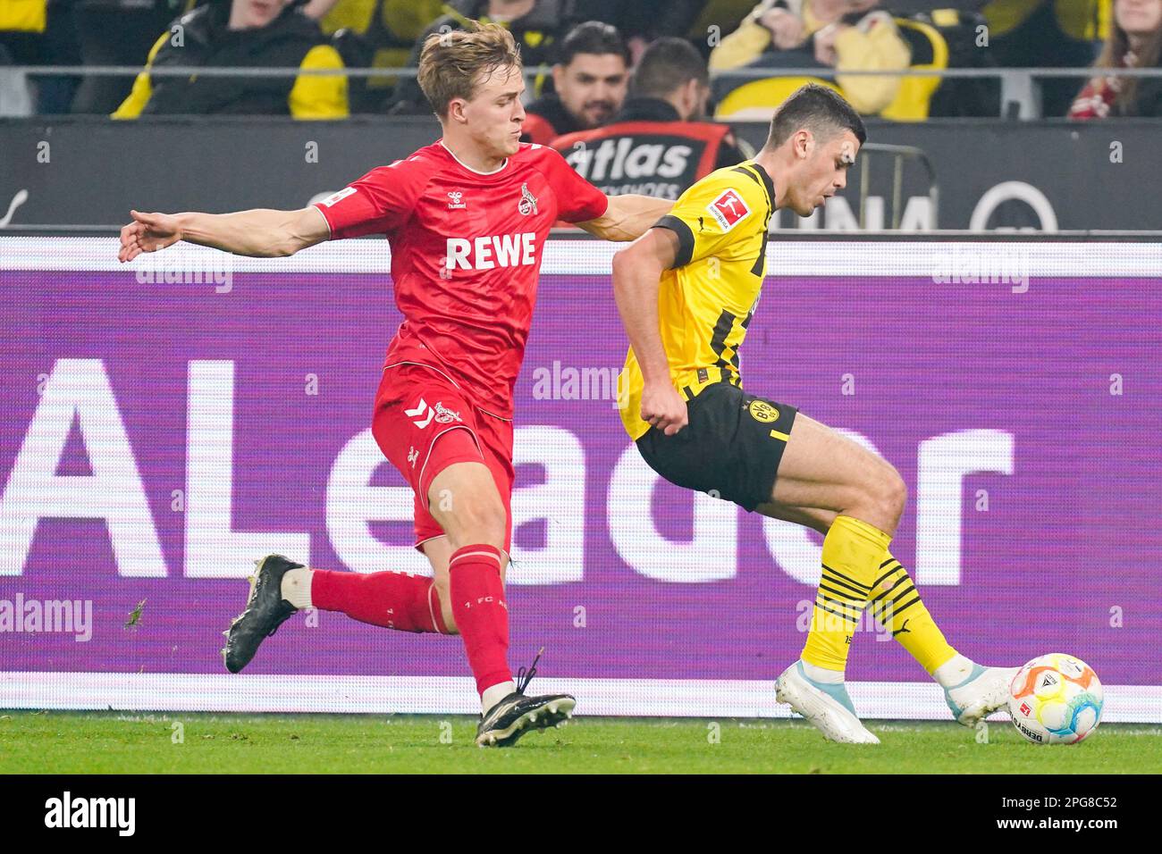 DORTMUND, GERMANY - MARCH 18: Timo Hubers of 1. FC Köln battles for the ball with Giovanni ...