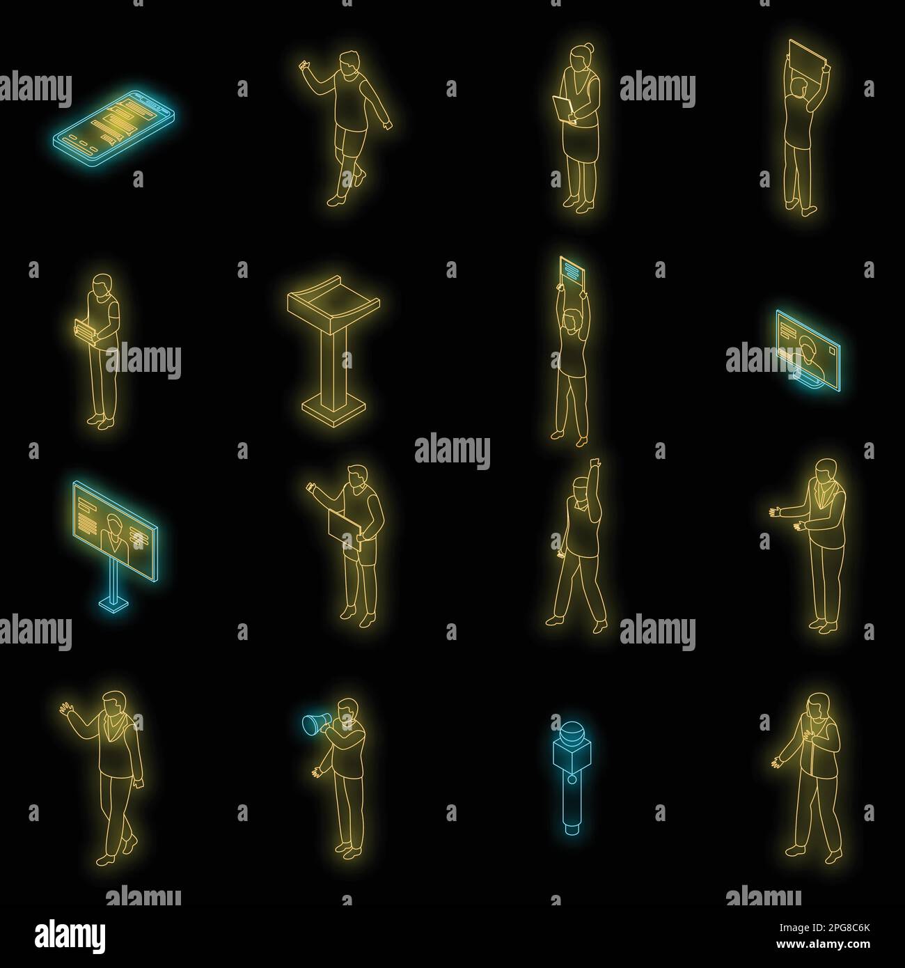 Agitation icons set. Isometric set of agitation vector icons neon color on black Stock Vector ...