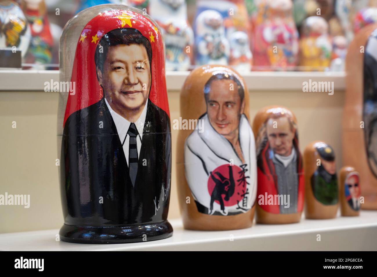 Russian matryoshka dolls with portraits of the Chinese President Xi ...