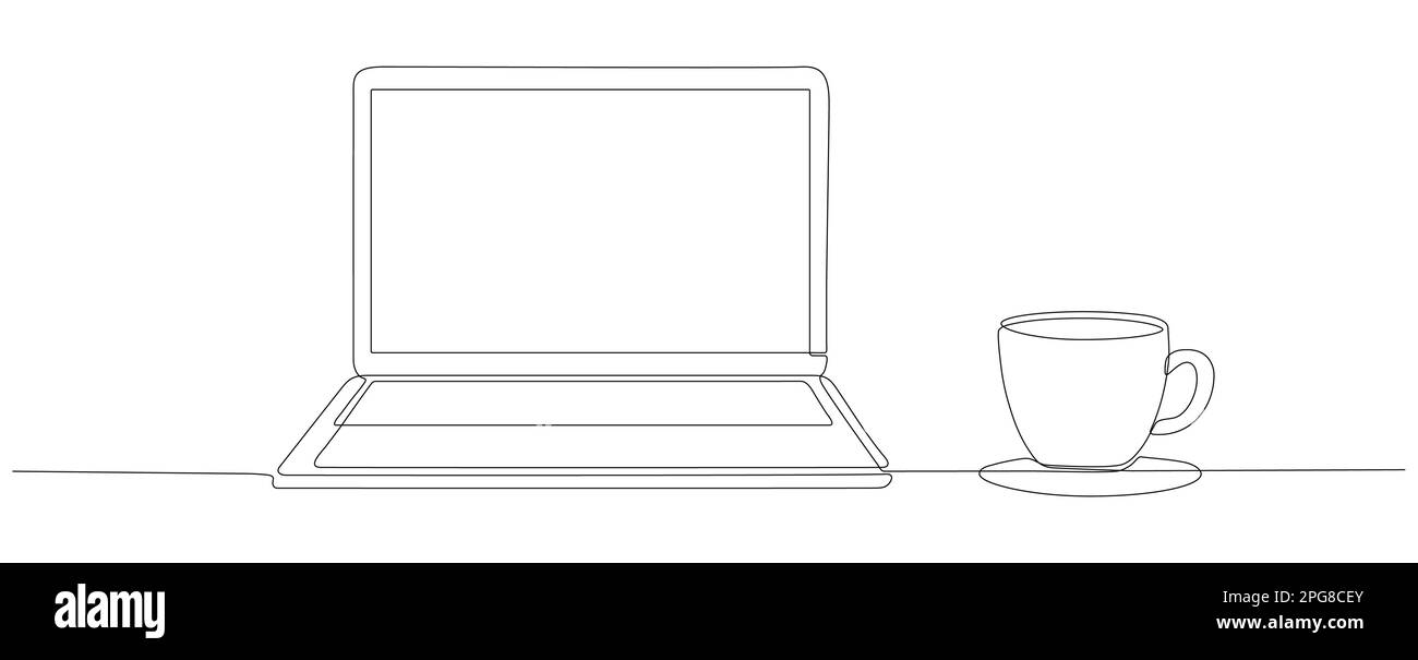 Continuous line drawing of laptop and coffee cup. Vector isolated on ...