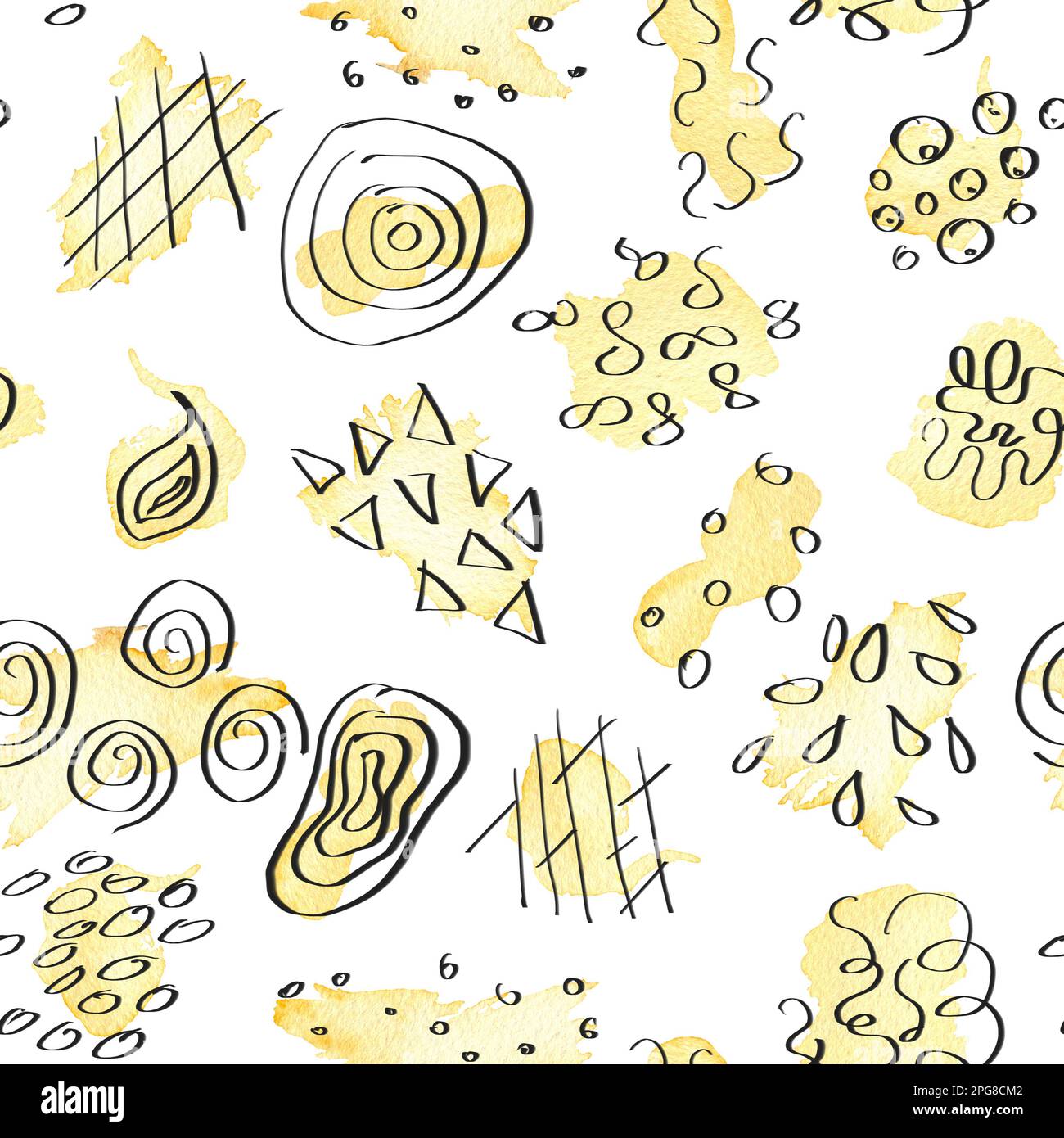 Watercolor abstract shapes. Seamless pattern of watercolor spots and doodle lines. Design for ...