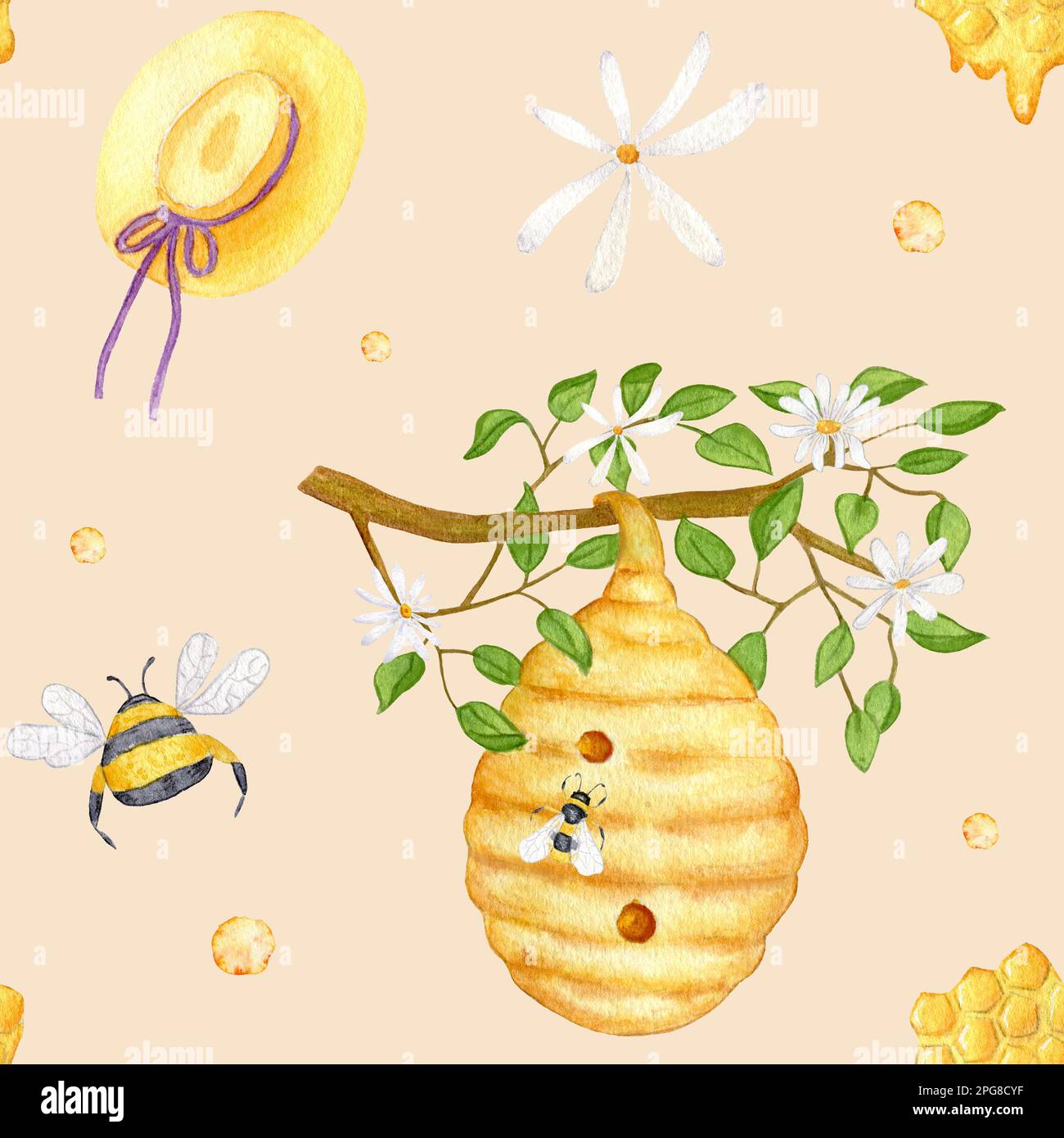 Apiculture. Watercolor pattern with bees and beehive on a tree. Straw ...