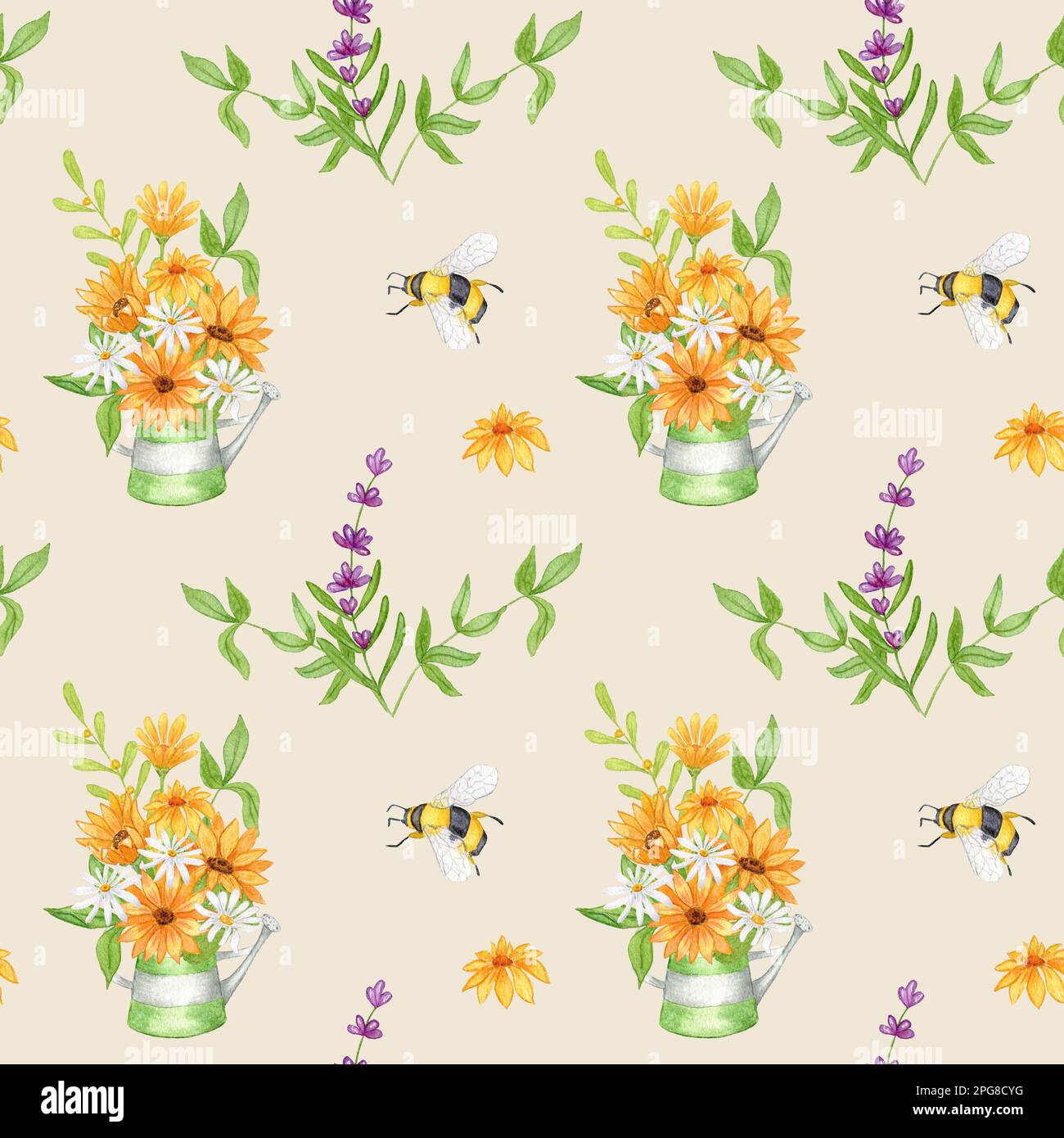 Apiculture. Watercolor seamless pattern with bees and lavender flowers ...