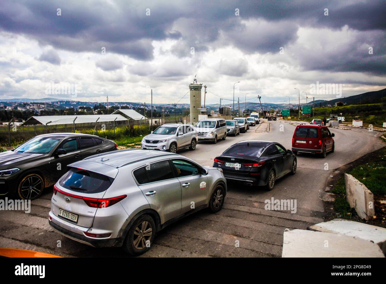 General view of the traffic jam at the Israeli military checkpoint, due ...