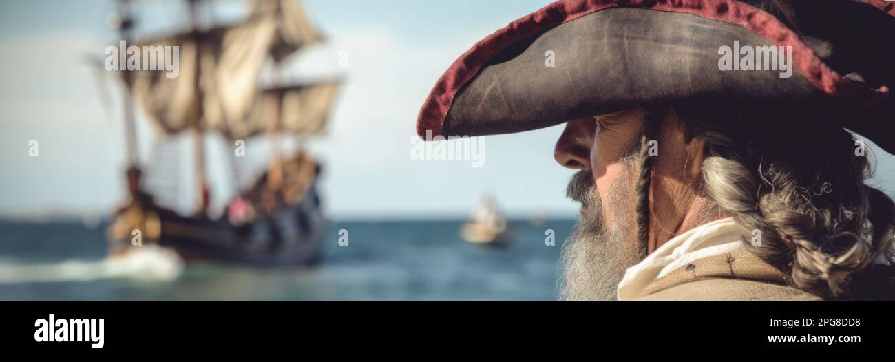 Columbus day, A colonizer navigating on a galleon during the conquest ...