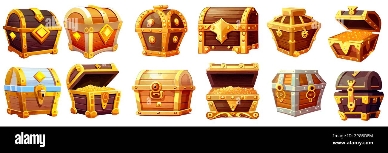 set vector illustration of ui treasure chest with gold precious stone ...
