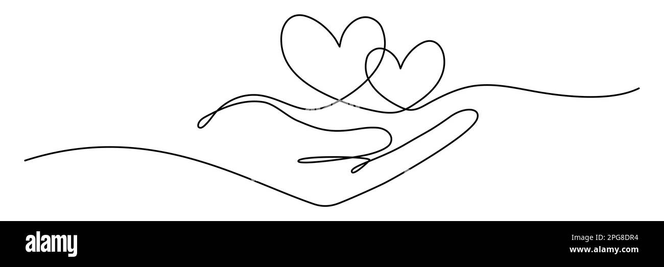 Continuous one line drawing arms holding two hearts. Love linear ...