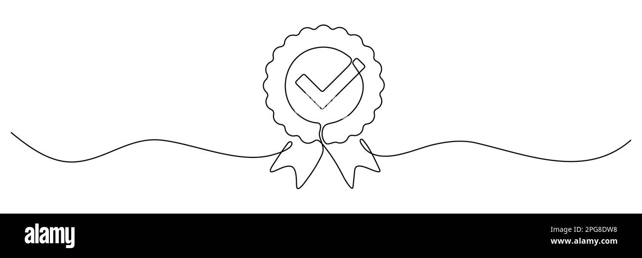 Award badge continuous line art drawn. Approval check sign. Certificate ...
