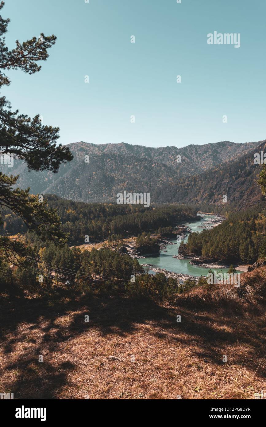 Panorama from a mountain framed by spruce tree branches to the fast ...