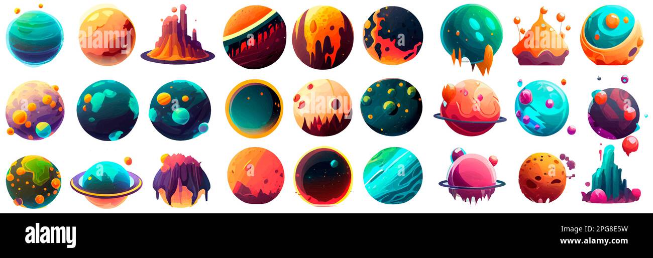 set vector illustration of fantasy colorful planets isolated on white ...