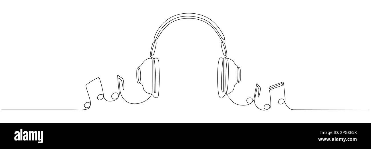 Headphones with music notes continuous one line drawing. Vector ...