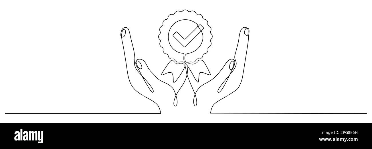 Hands hold award badge continuous line drawing. Approval check sign ...