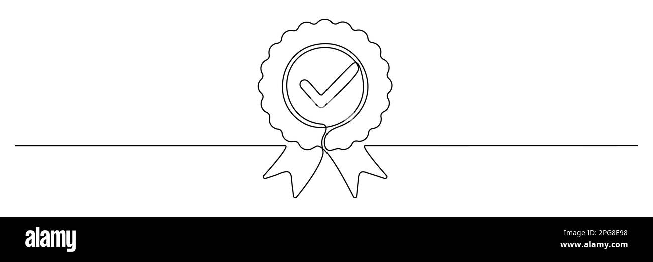 Award badge continuous line art drawn. Approval check sign. Certificate ...
