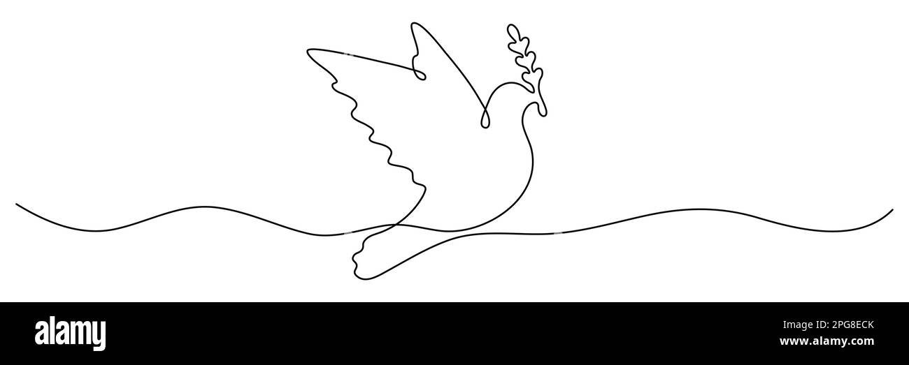 Flying dove with olive branch continuous one line drawn. Freedom bird ...