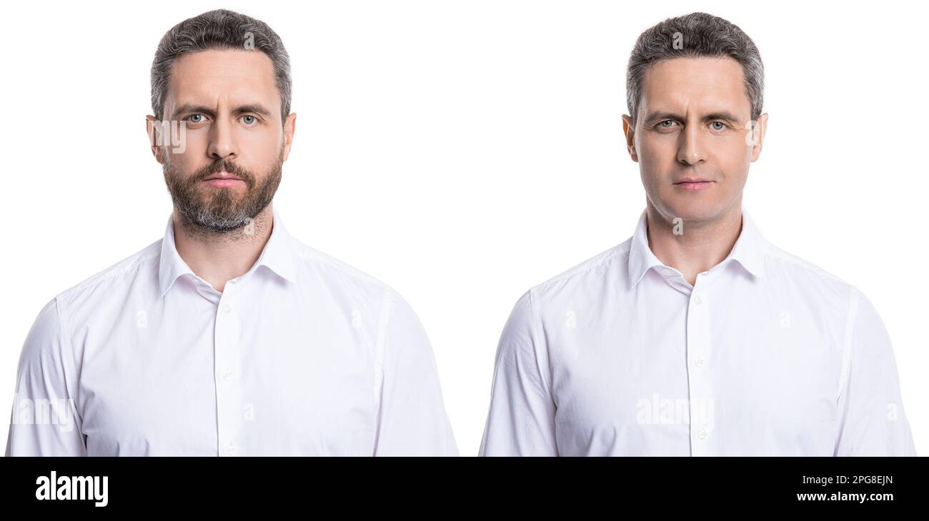 man bearded face comparison before and after isolated on white ...