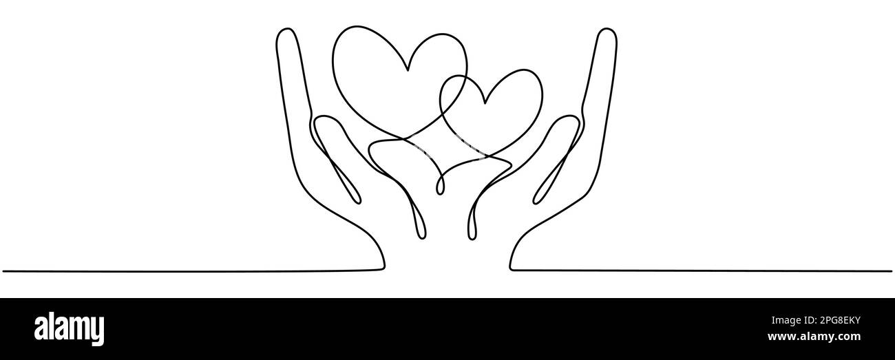 Continuous one line drawing arms holding two hearts. Love linear ...