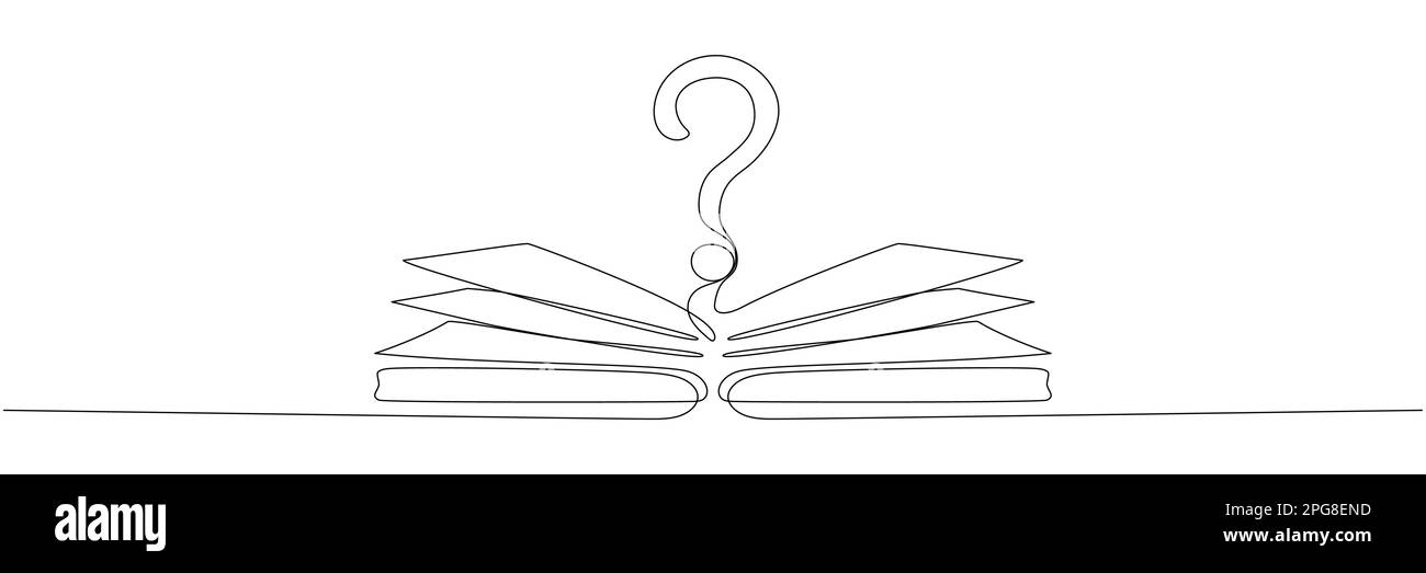 Open book and question mark one continuous line drawing. Vector illustration isolated on white ...