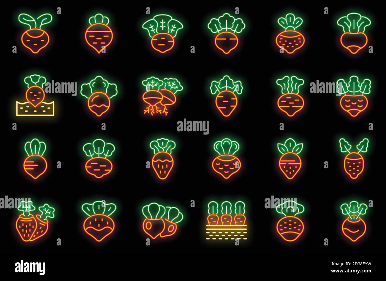 Turnip icons set outline vector. Cooking plant. Cuisine diet neon color ...