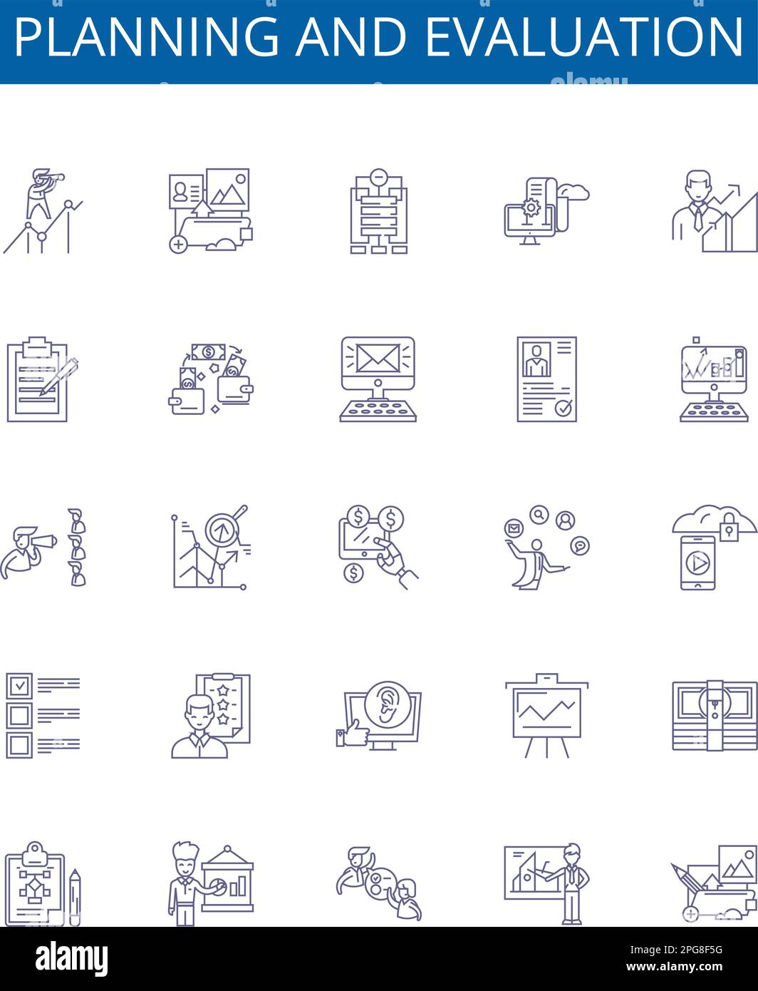 Planning and evaluation line icons signs set. Design collection of planning, evaluation ...