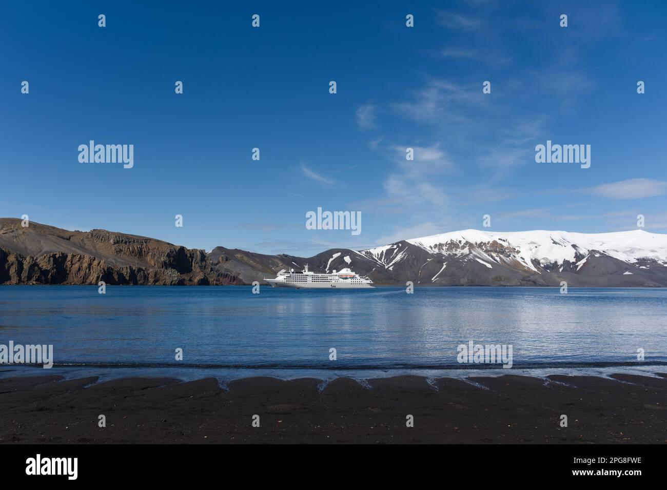 Cruise ship moored in Whalers Bay on Deception Island (active volcano ...