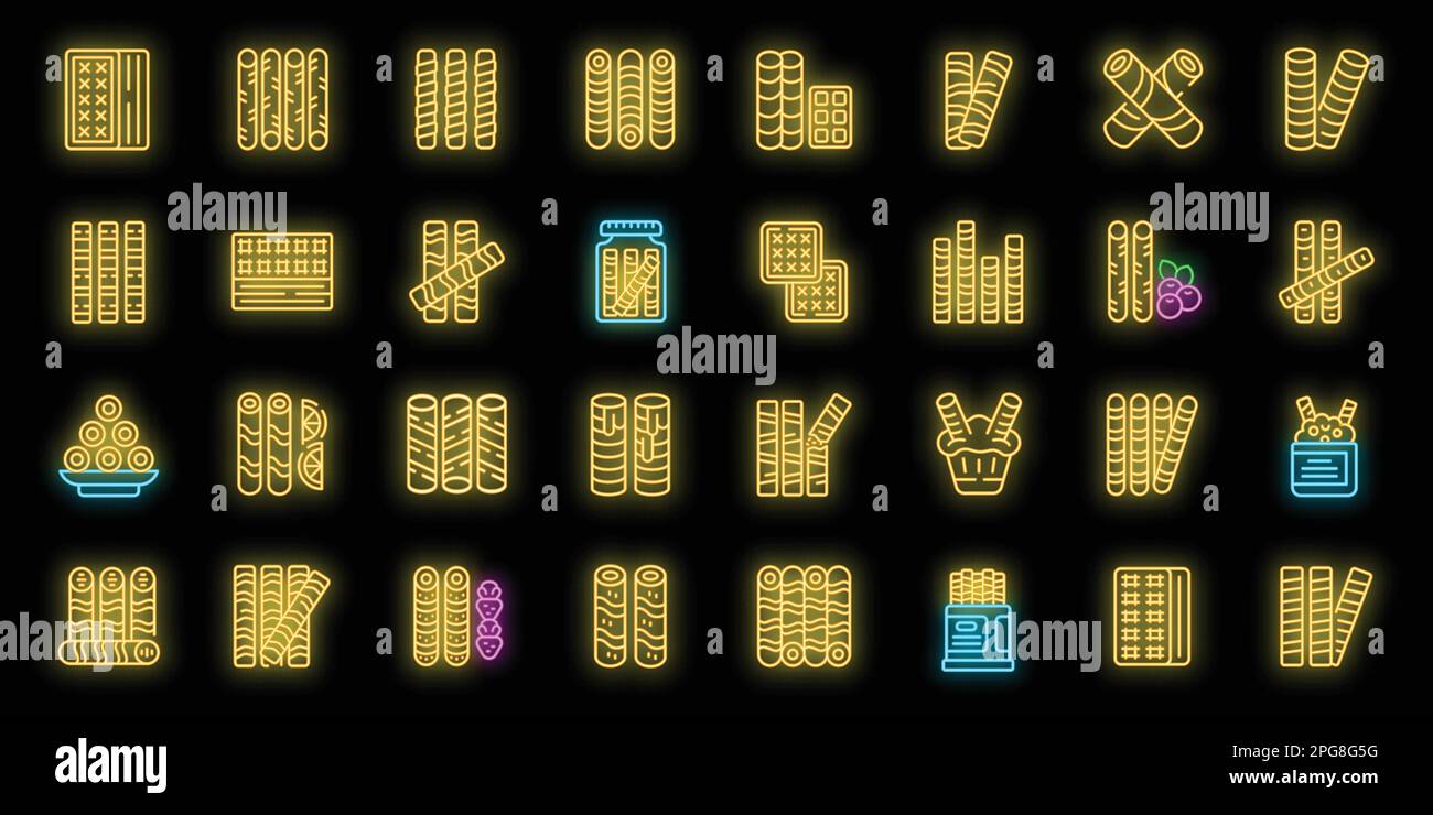 Wafer rolls icons set outline vector. Choco stick. Baked candy neon ...
