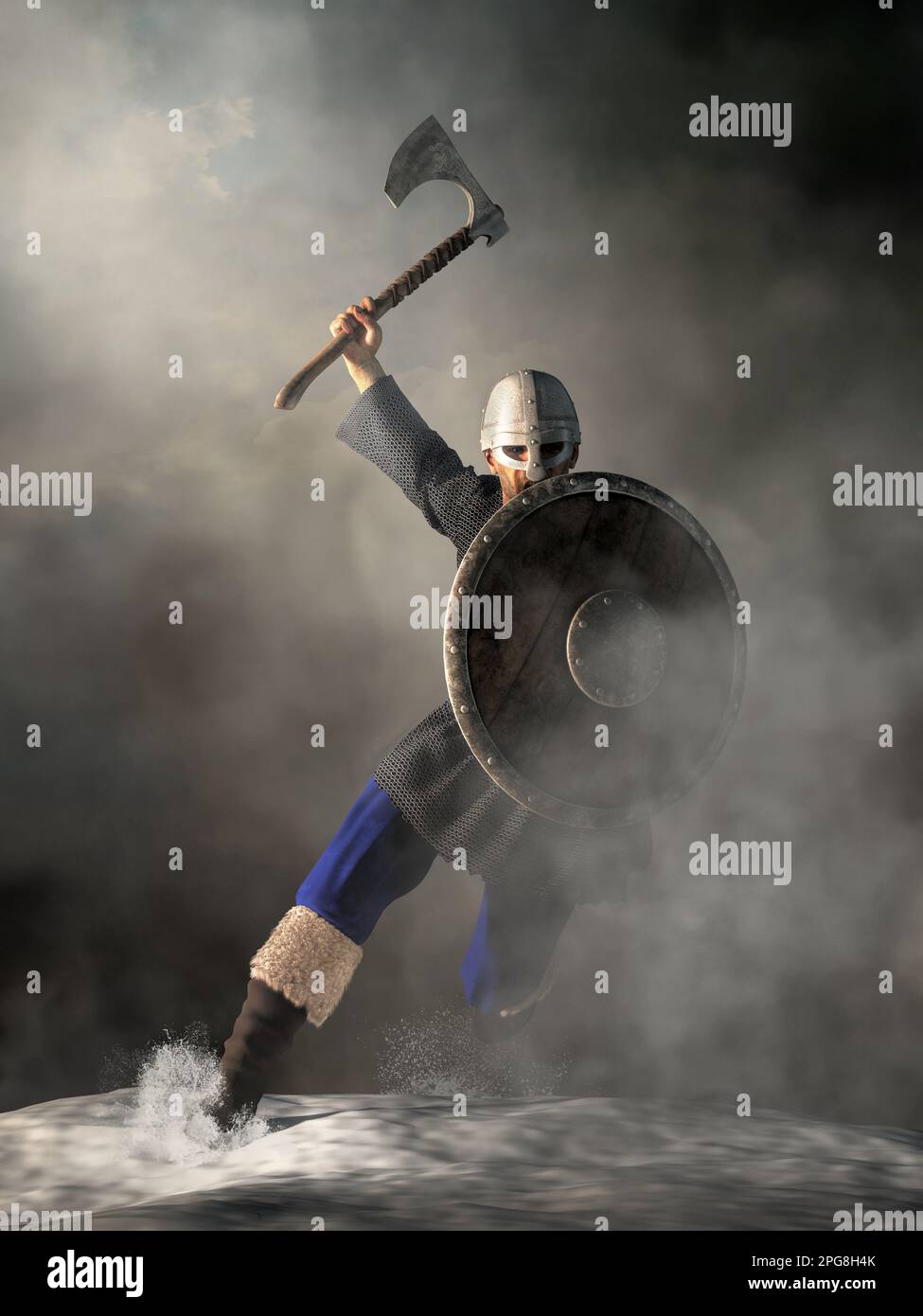 A fierce Viking warrior wearing a helmet and mail armor charges out of ...