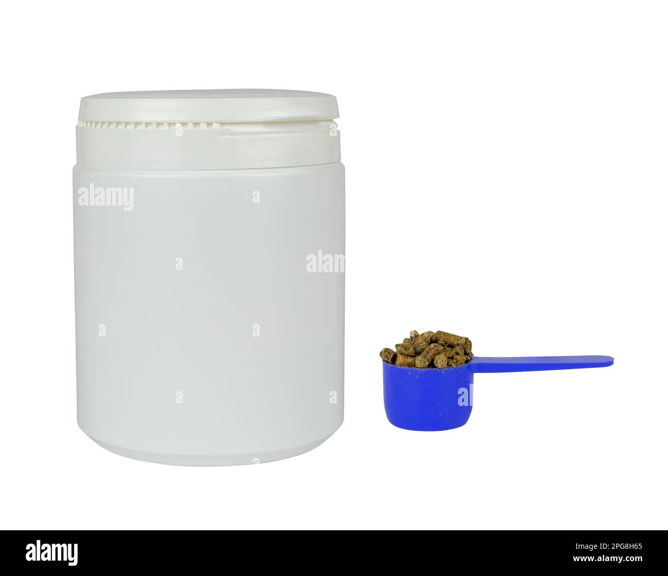 White plastic container and blue, measuring scoop with veterinary ...