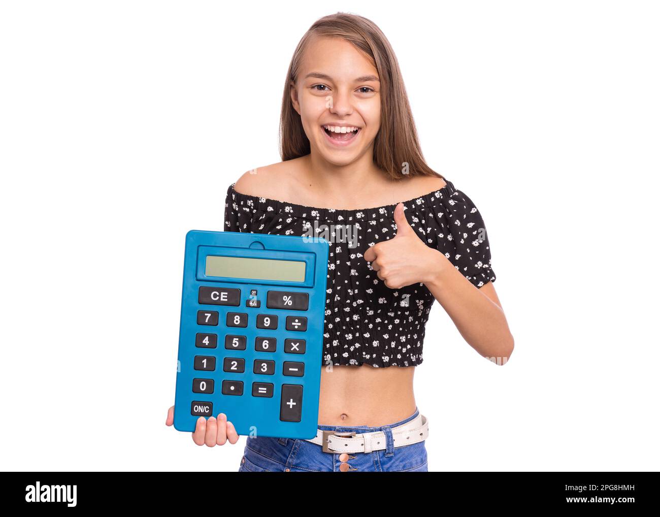 Smart female student holding big calculator and making Teen girl ...