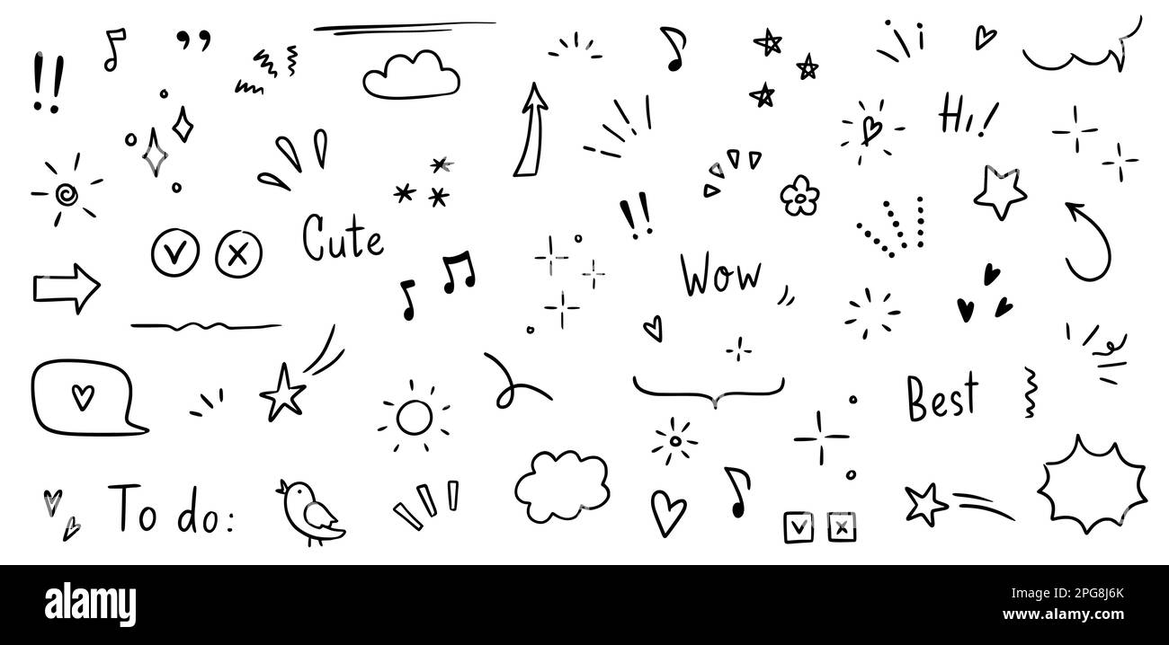 Doodle cute glitter pen line elements. Doodle heart, arrow, star ...