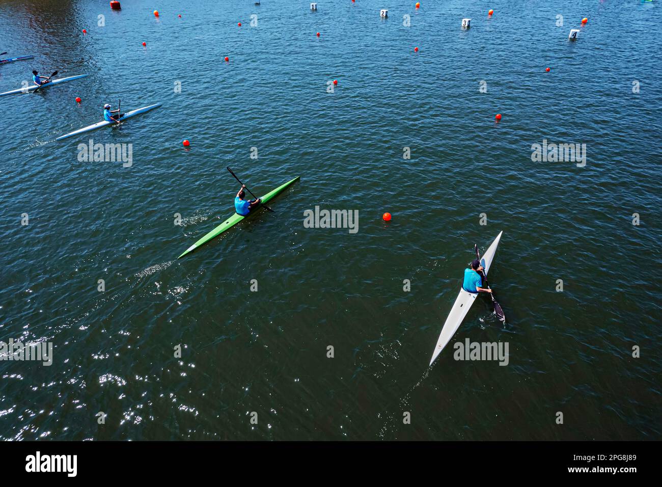 training of rowers on kayaks and canoes on the rowing channel. top view ...