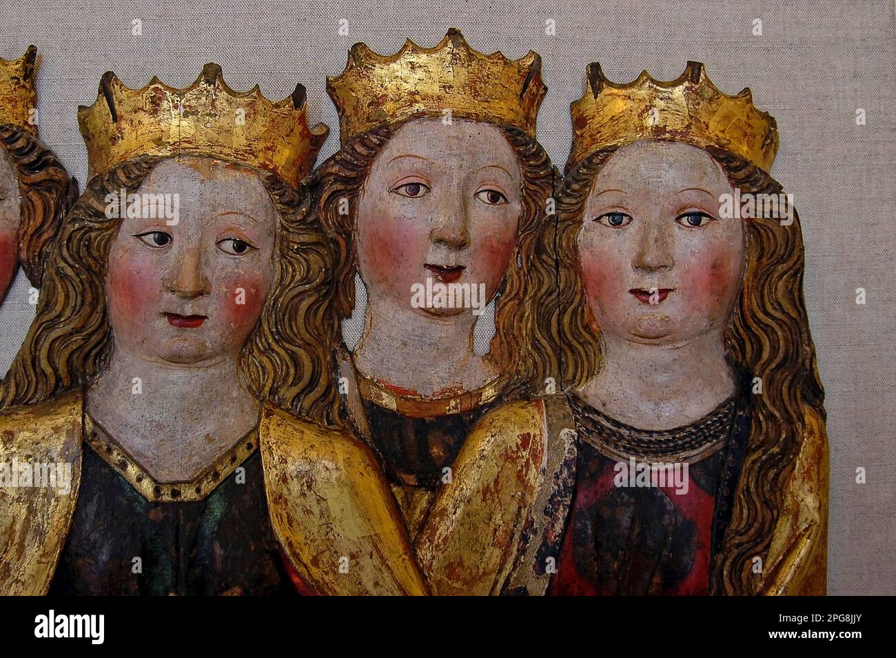 Three Queens or Princesses with rosy cheeks and golden crowns, painted ...