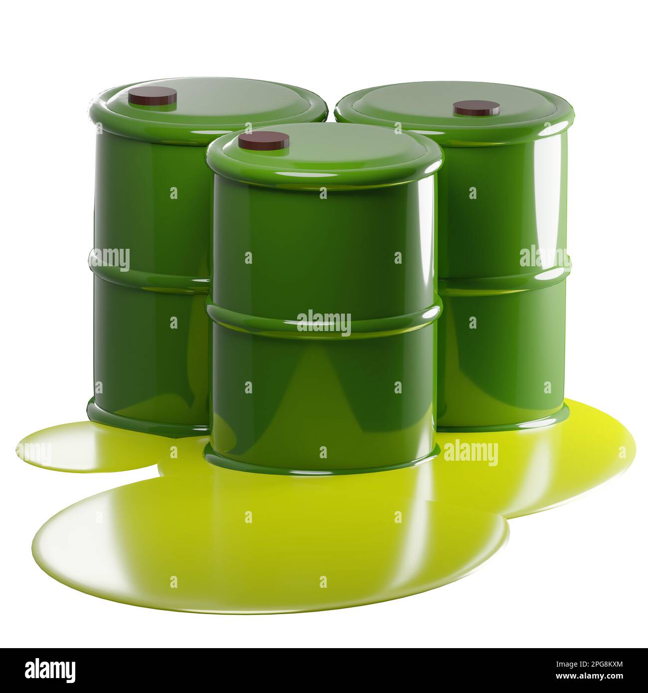 3D rendering of green metal barrels with leaking radioactive liquid ...