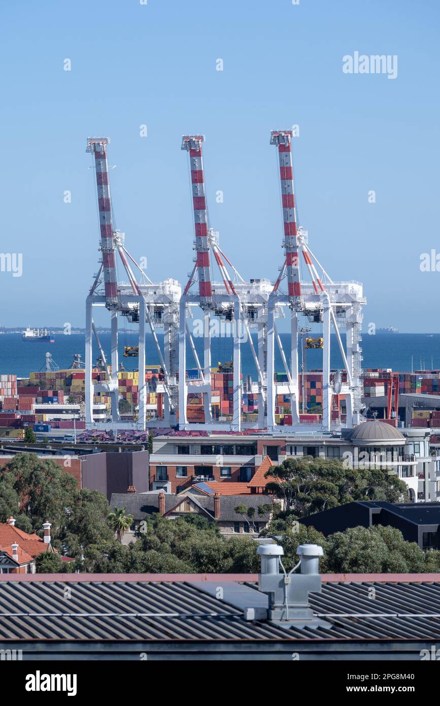 Fremantle, WA, Australia - View over port and docks with cranes Stock ...