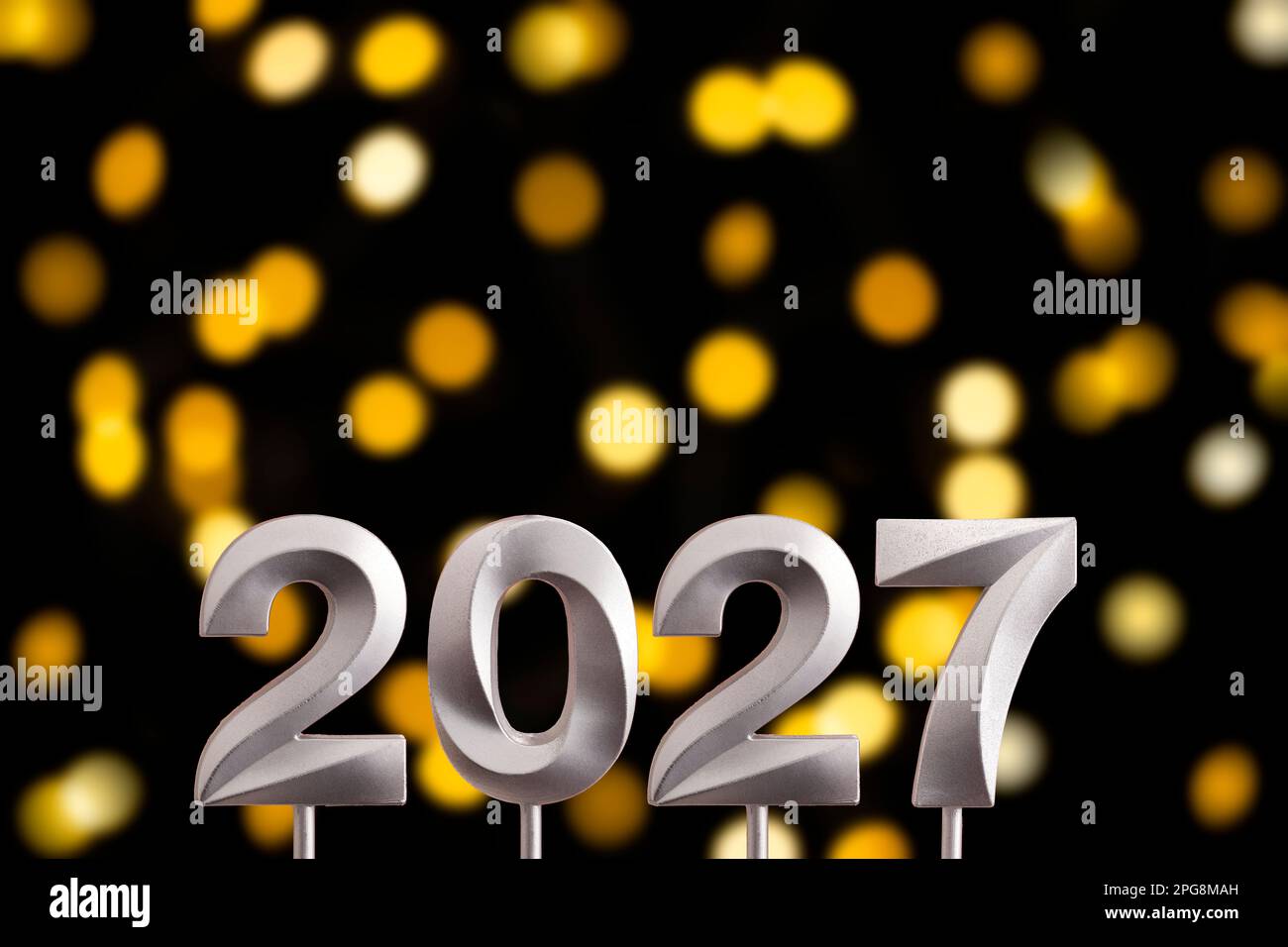 New year 2027 - Silver number on black background with defocused lights ...