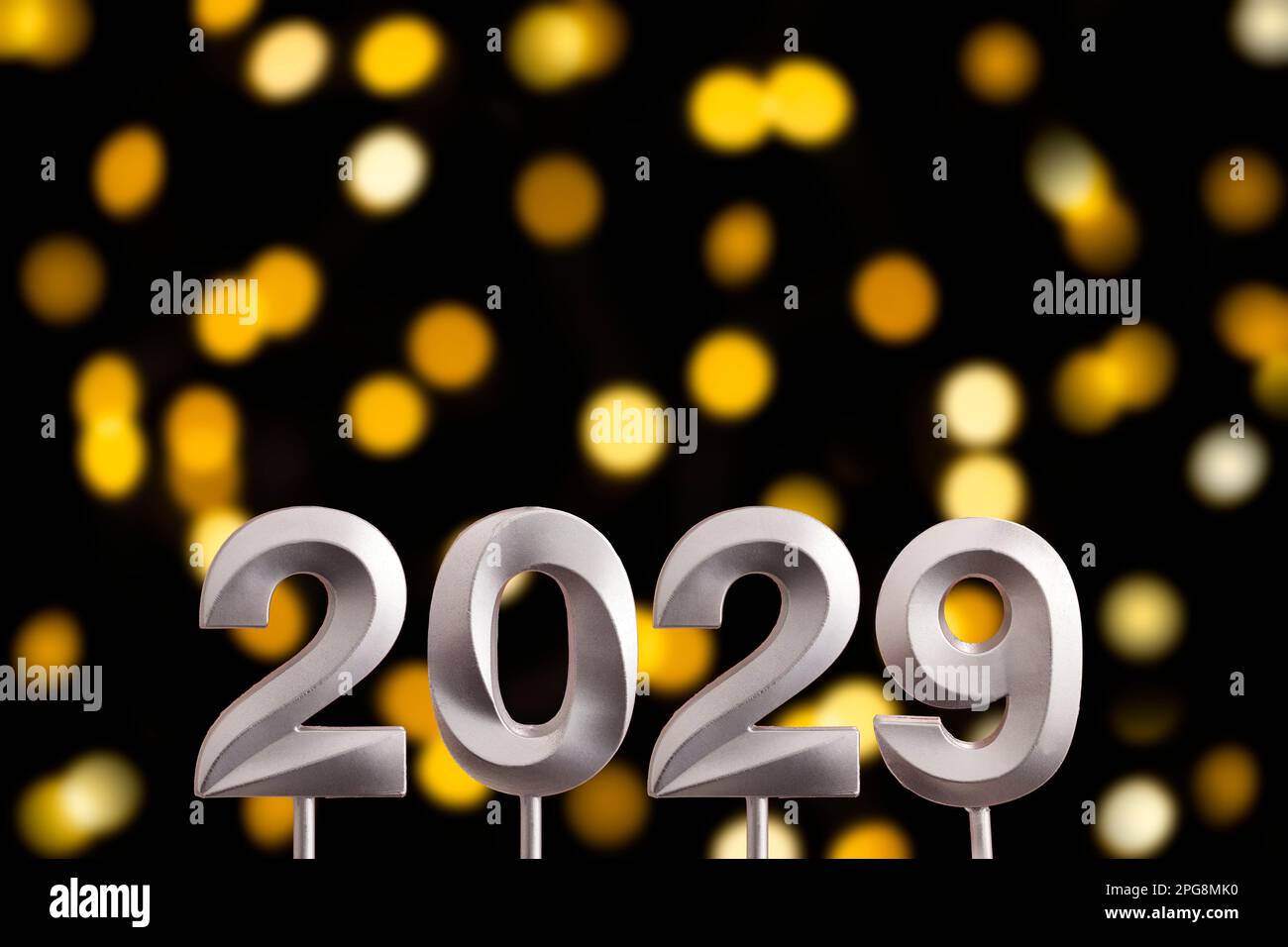 New year 2029 - Silver number on black background with defocused lights ...
