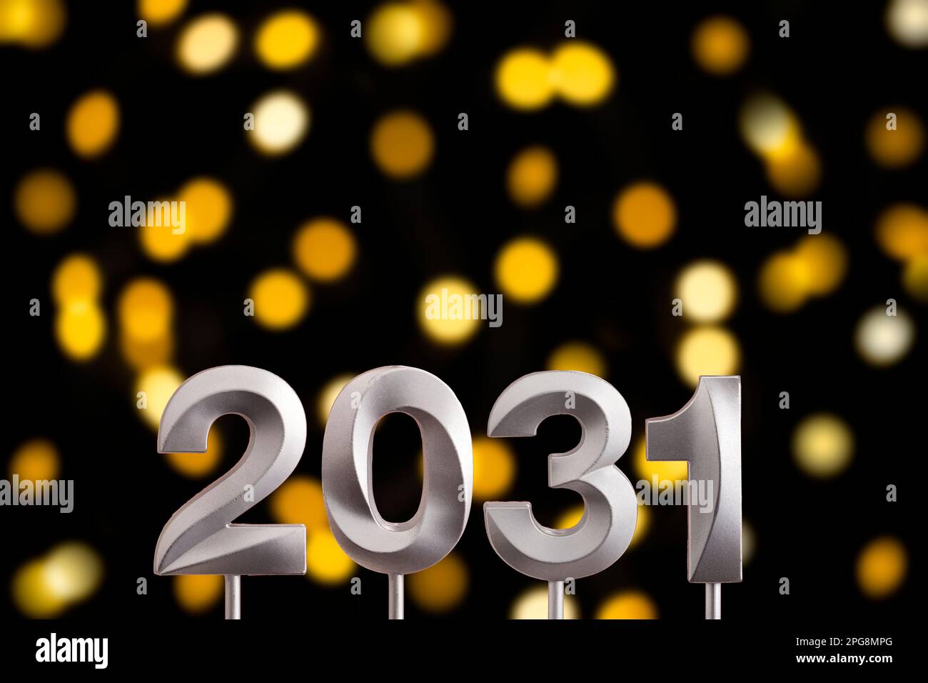 New year 2031 - Silver number on black background with defocused lights ...