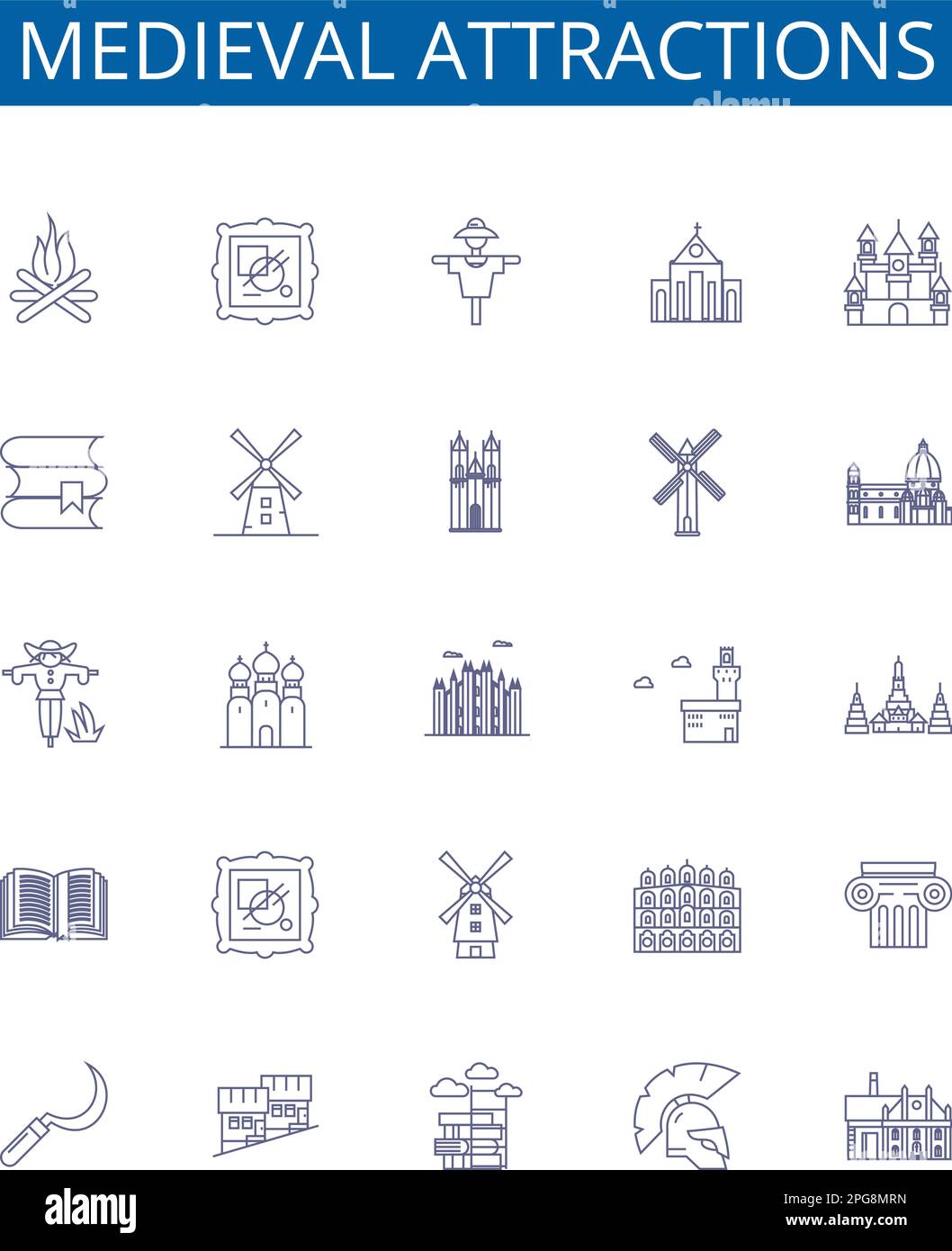 Medieval attractions line icons signs set. Design collection of Castles ...