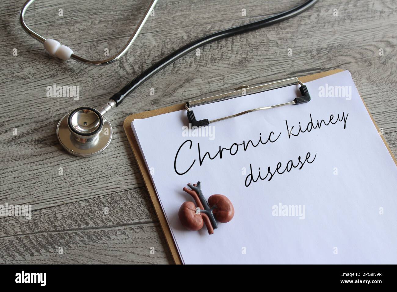 Stethoscope, kidney model and paper clipboard with text Chronic Kidney ...