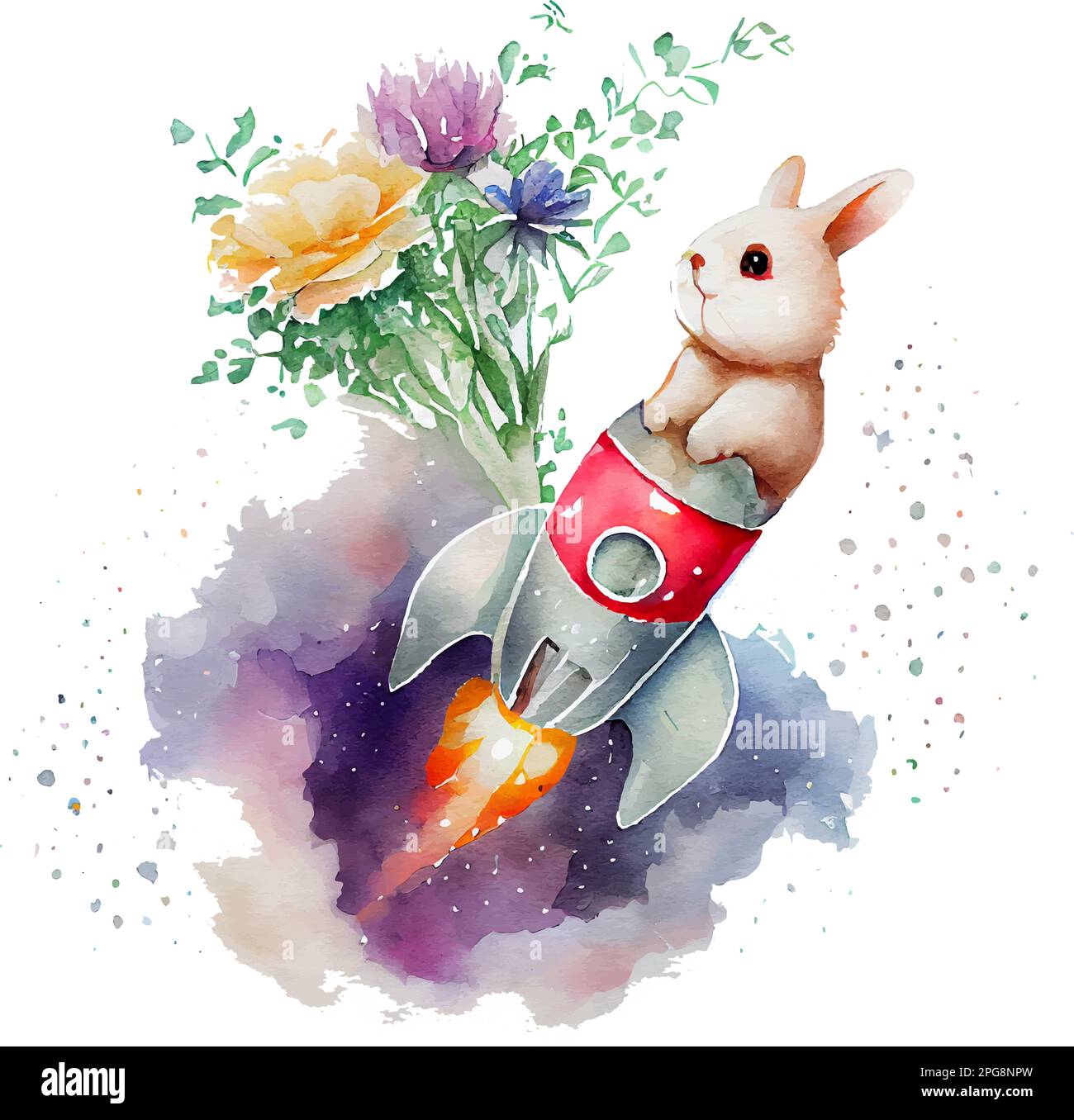 vector illustration of watercolor rabbit flying on rocket on white ...