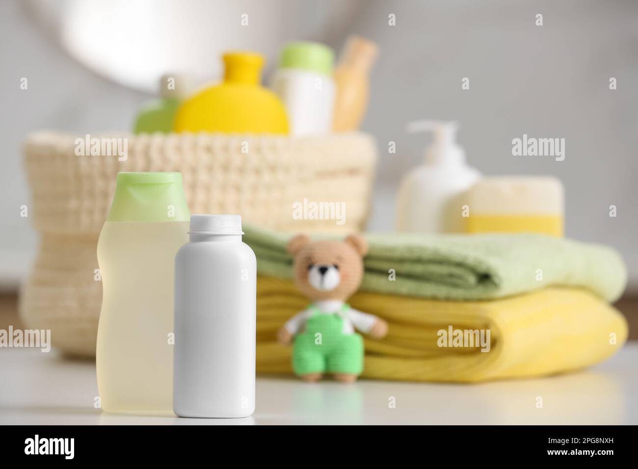 Baby cosmetic products on white table, space for text Stock Photo - Alamy