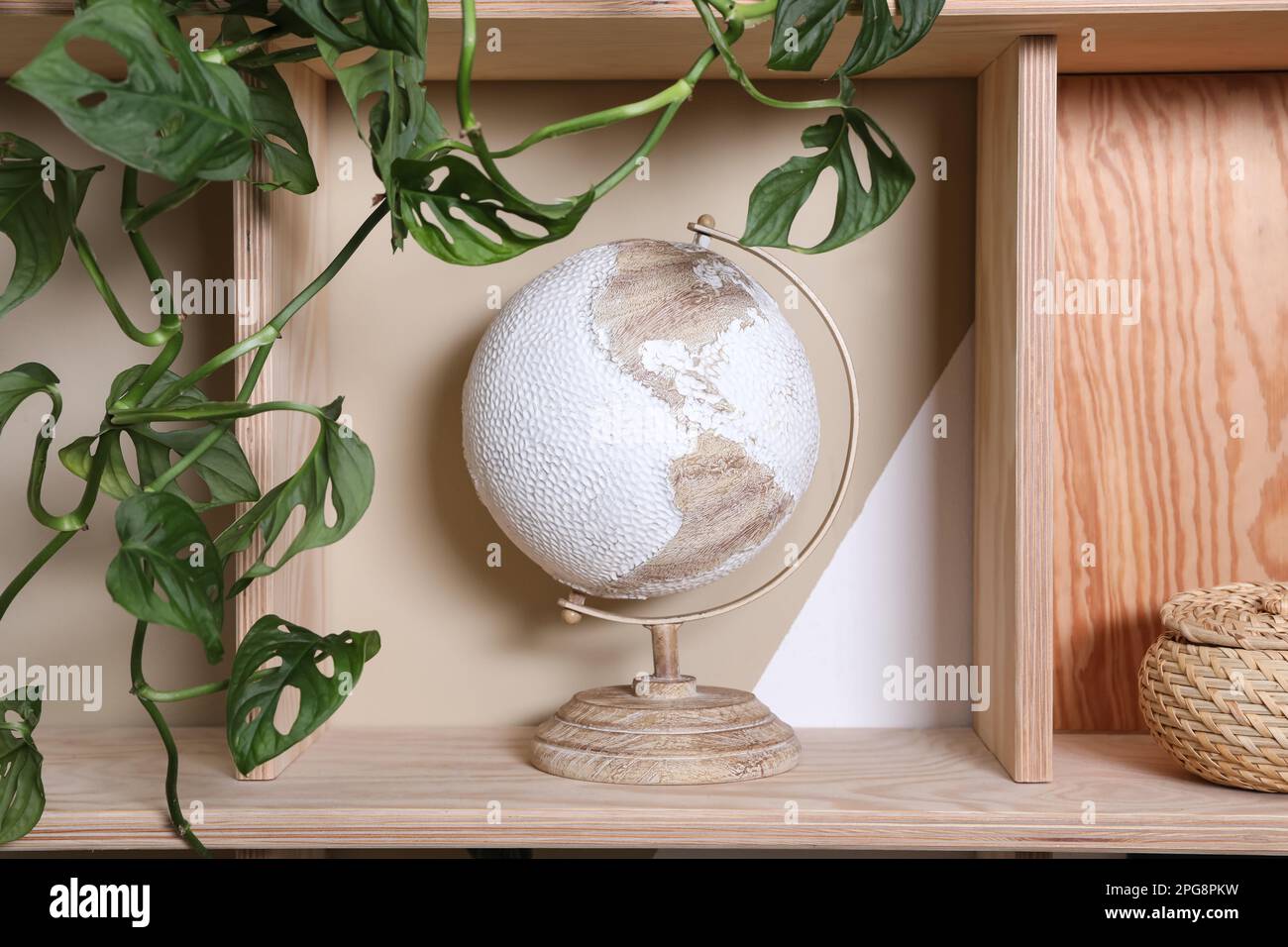 Wooden shelving unit with stylish globe and houseplant on color wall ... Wooden shelving unit with stylish globe and houseplant on color wall ...