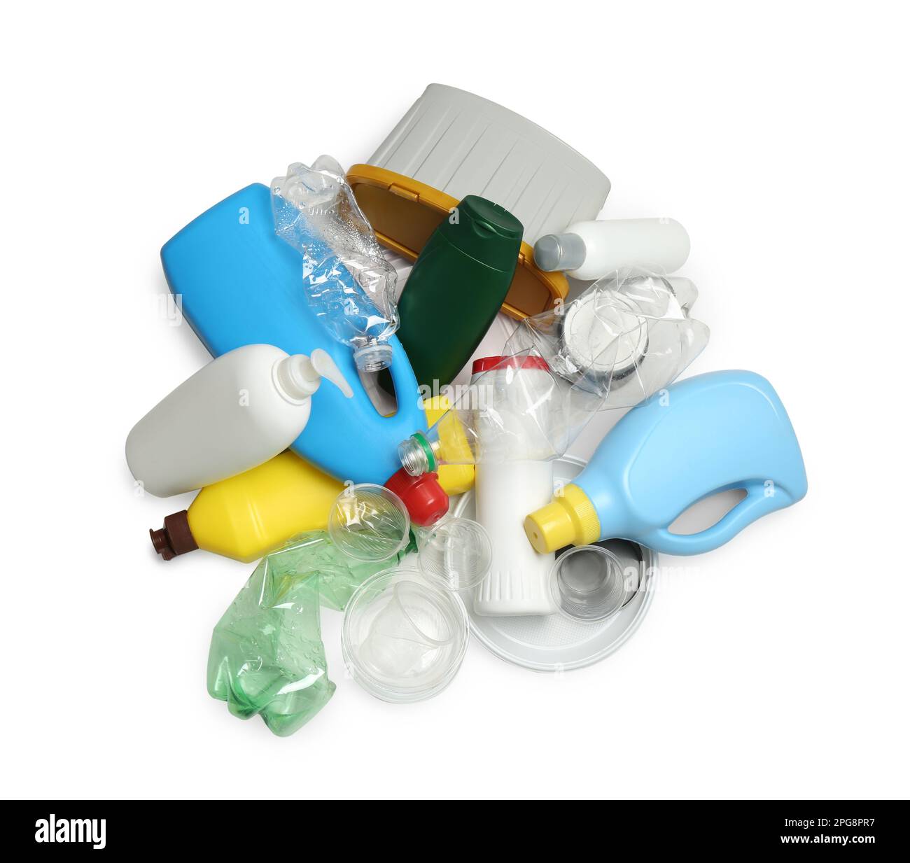 Pile of plastic garbage on white background, top view Stock Photo - Alamy