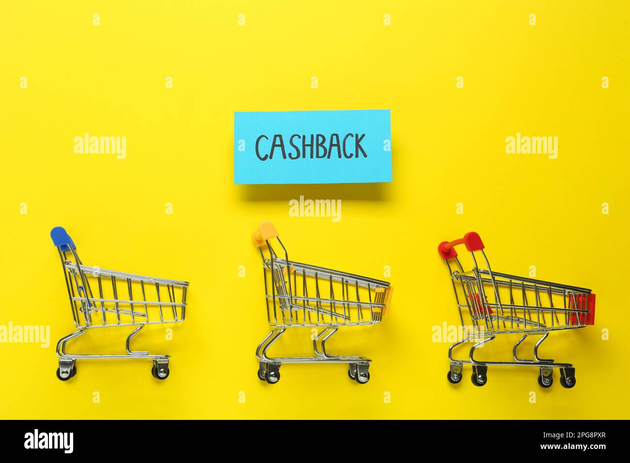 Card with word Cashback and shopping carts on yellow background, flat ...