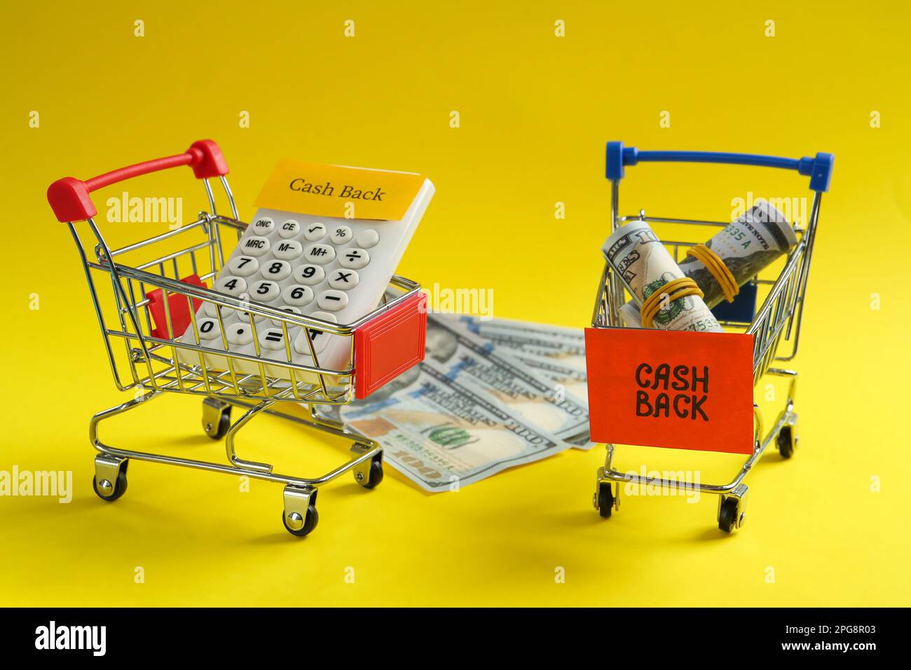 Calculator and dollar banknotes in shopping carts on yellow background ...