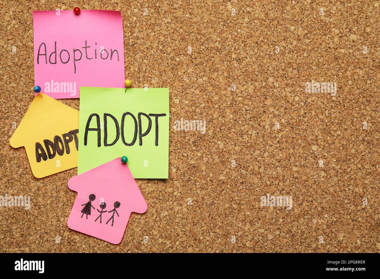 Many colorful notes pinned to cork board, space for text. Child ...