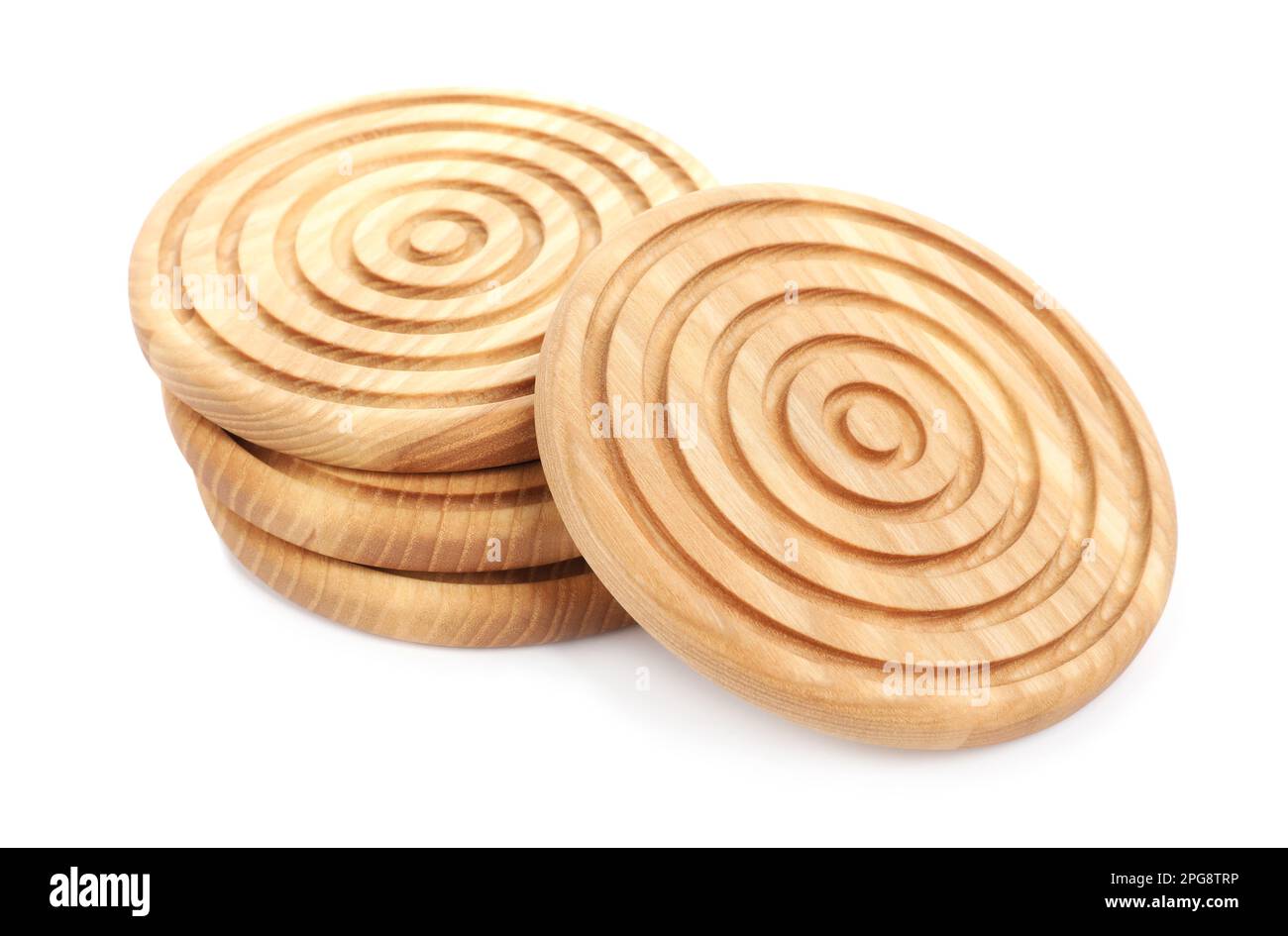 Stylish wooden cup coasters on white background Stock Photo - Alamy