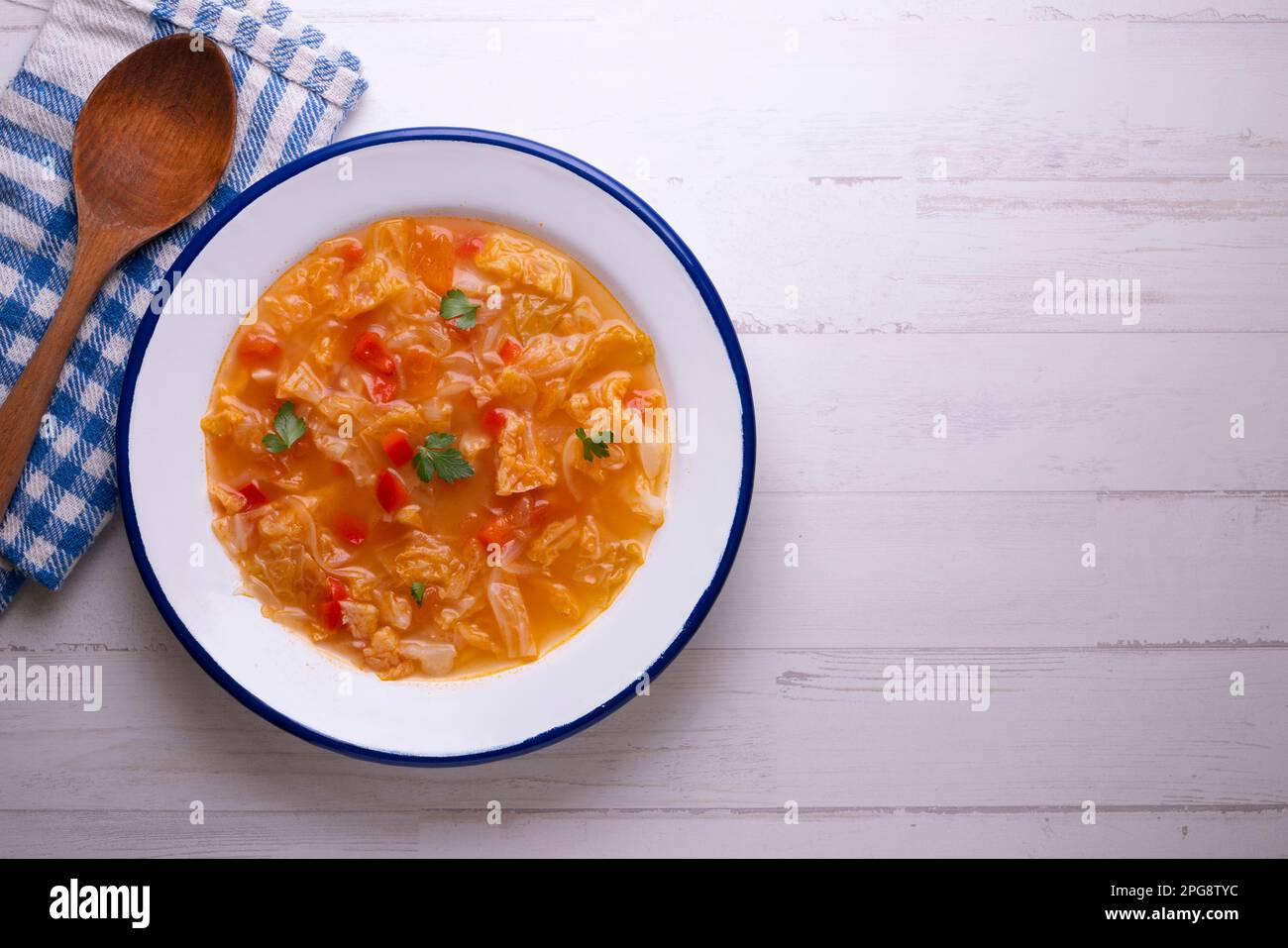 Menorcan soup with peppers, cabbage and tomato with slices of bread ...