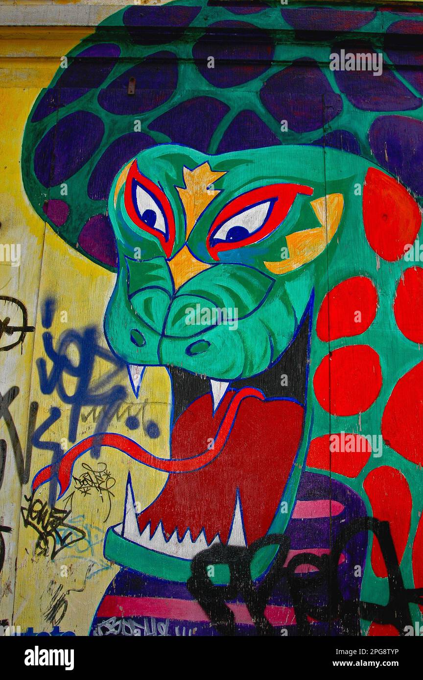 Face of a psychedelic serpent, painted in 1987 on the façade of what ...